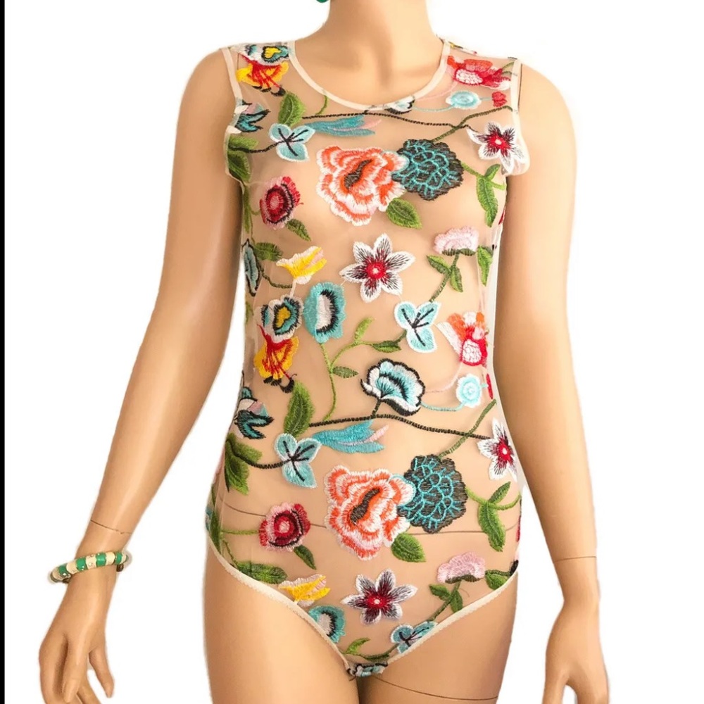 Shear Clear Bodysuit With Floral Embroidery One Piece… - Gem